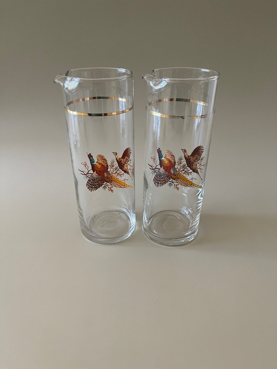 Set of 2 Vintage Glass Cocktail Martini Pitchers Carafe Beaker Pheasand ...