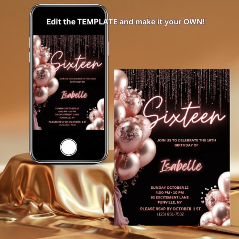 Elegant Rose Gold Sweet 16 Invitation - Instant Digital Download ...