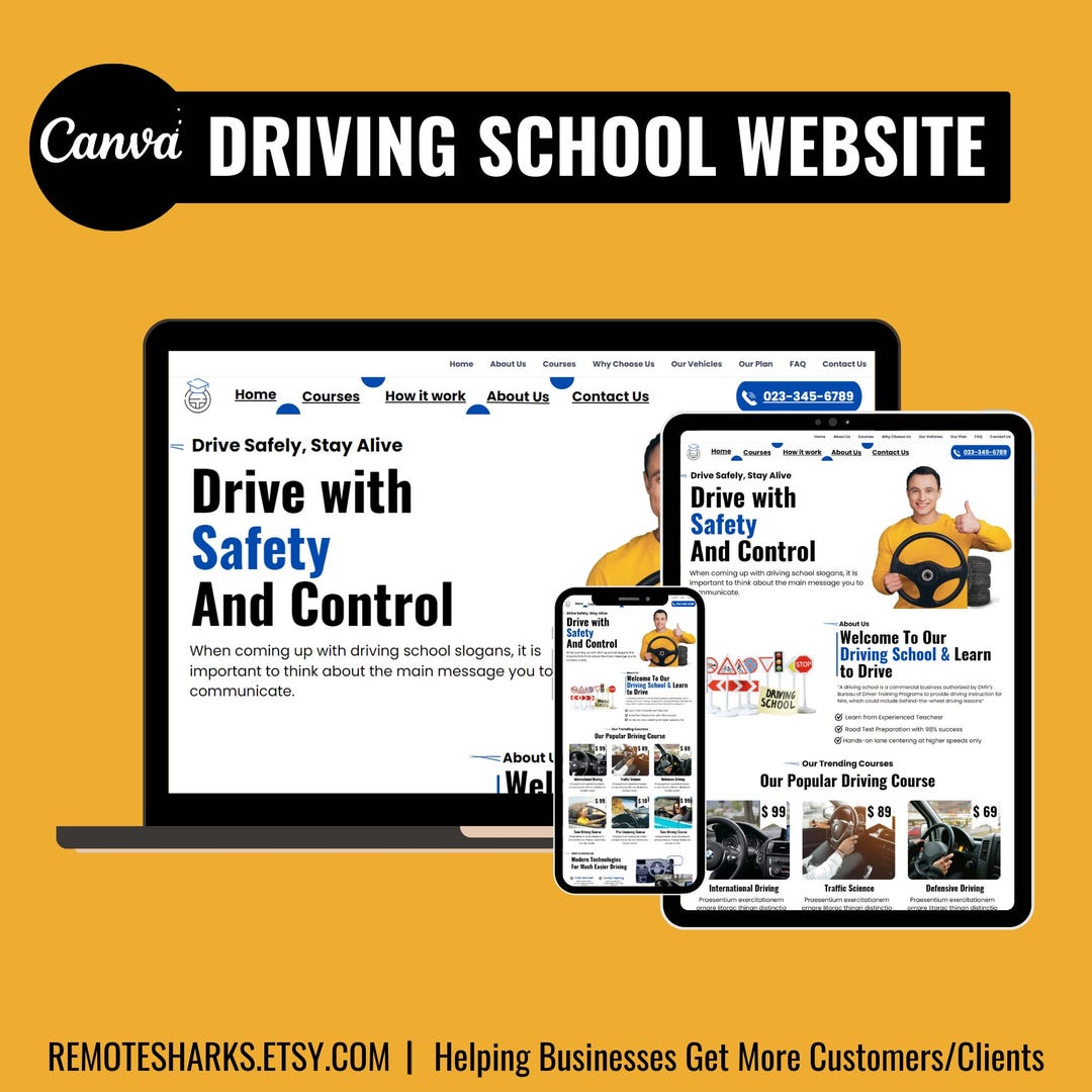Driving School Website Template for Canva – Easy-to-edit Design ...