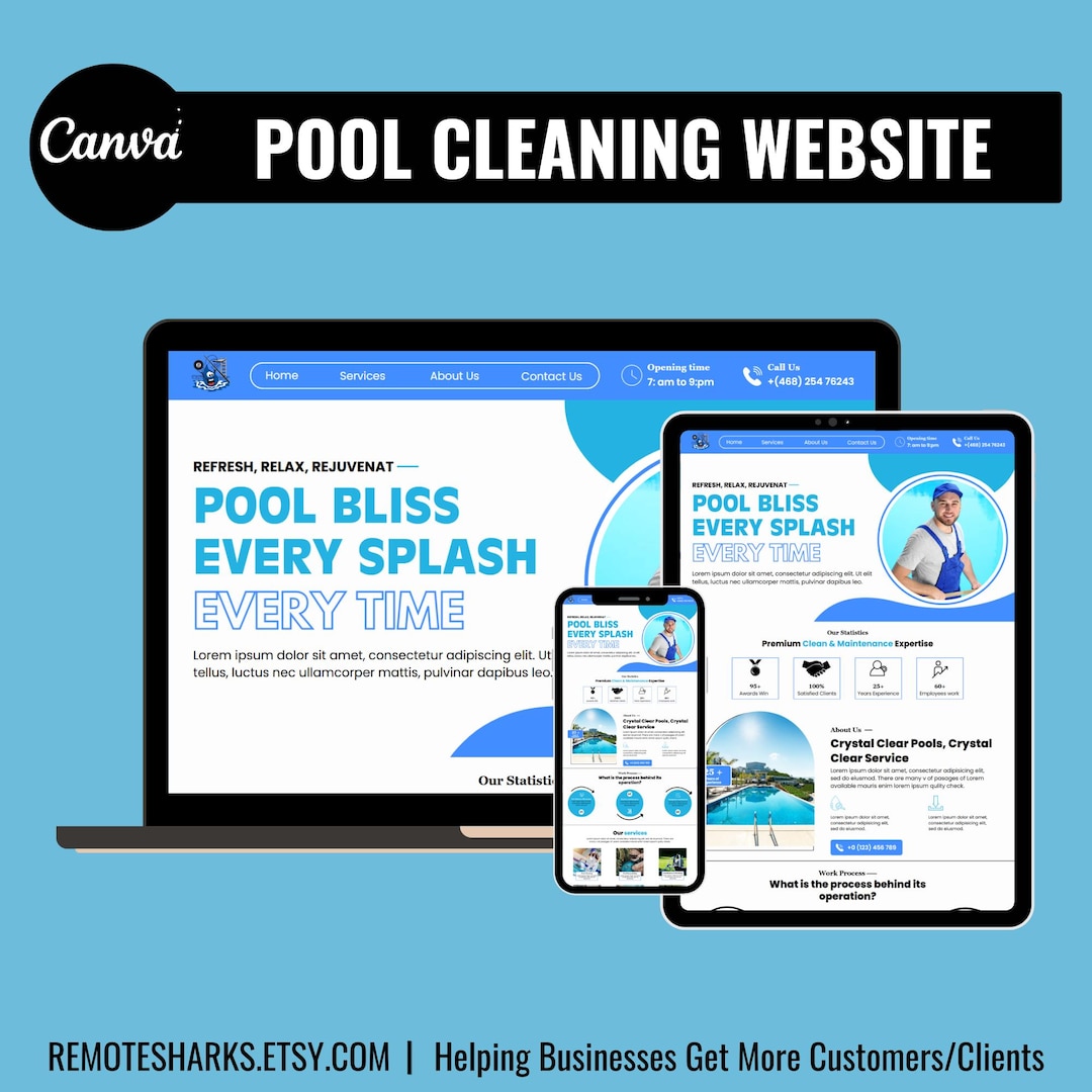 Pool Cleaning Website Template for Canva – Easy-to-edit Design, Publish ...