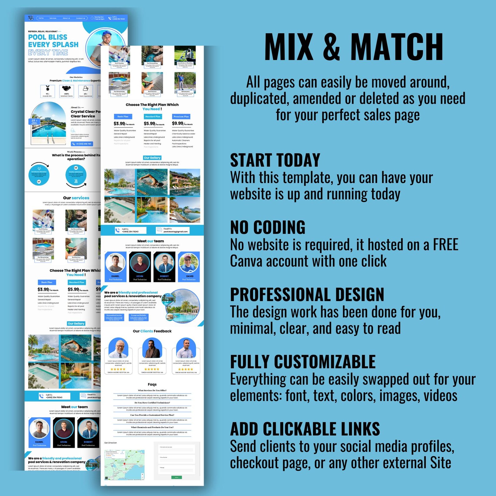 Pool Cleaning Website Template for Canva – Easy-to-edit Design, Publish ...
