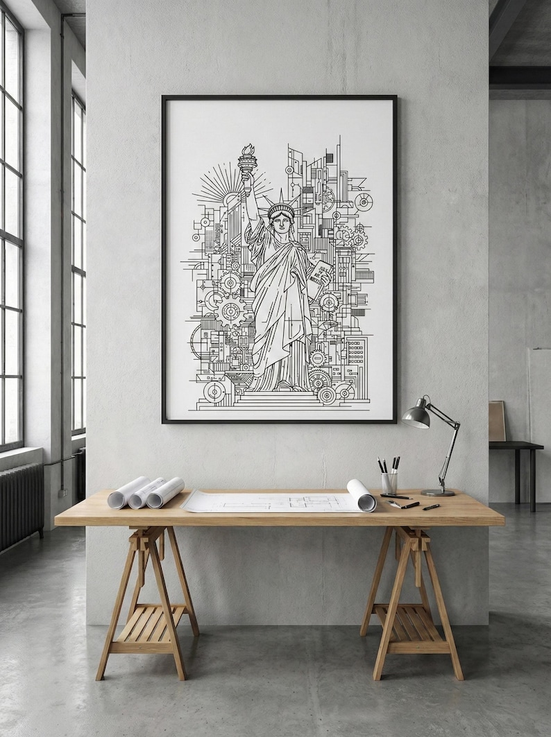 Statue of Liberty Blueprint Poster, Geometric Modern Wall Art (digital ...