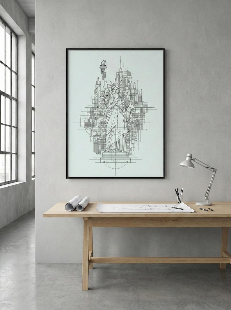 Statue of Liberty Blueprint Poster, Geometric Modern Wall Art (digital ...