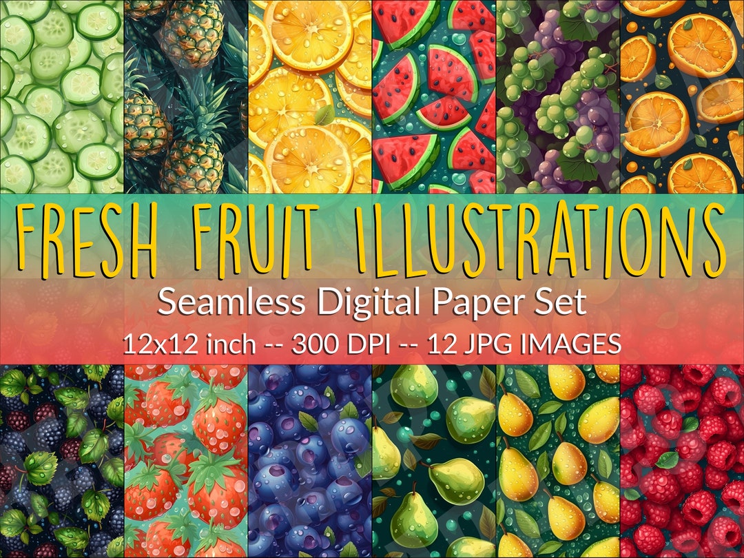 Fresh Fruit Digital Paper, Colorful Designs, Seamless Scrapbook Paper ...