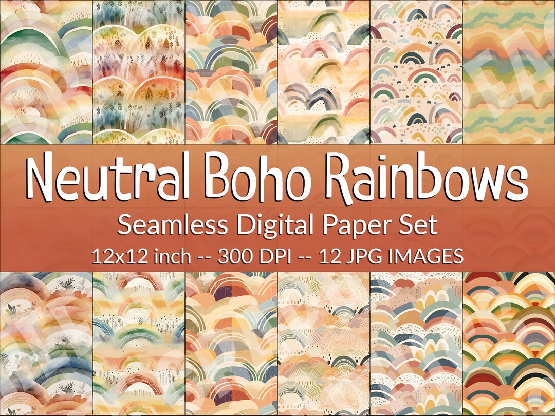 Boho Rainbow Digital Paper, Seamless Bohemian Designs, Neutral Color ...