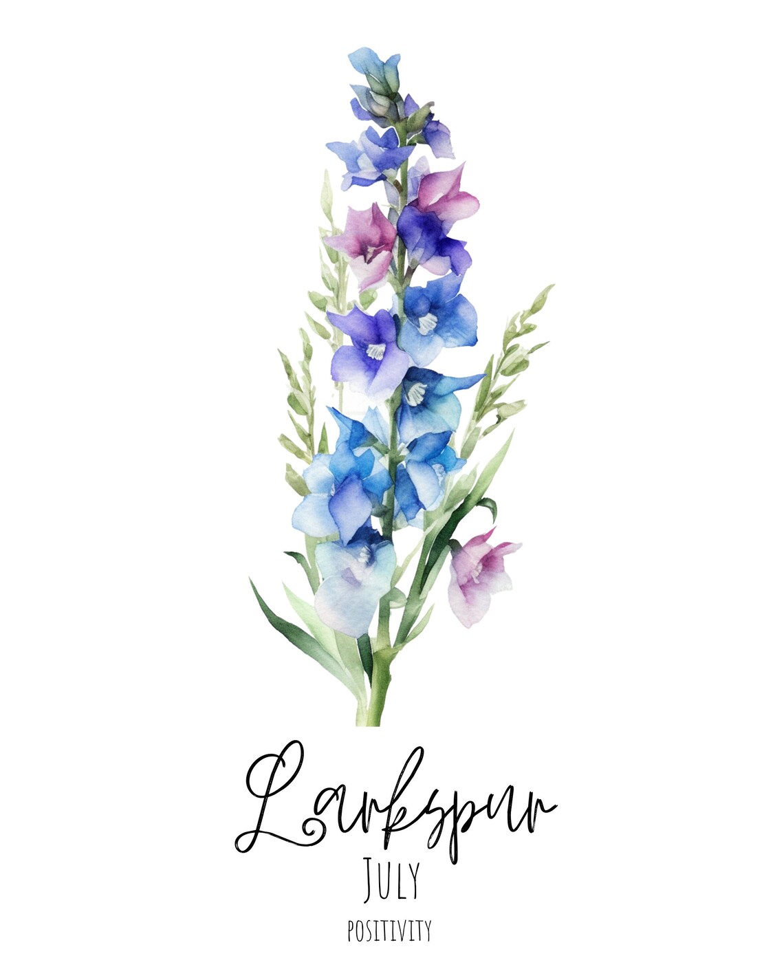 Purple Larkspur July Birth Month Flower Watercolor Digital Art Print ...