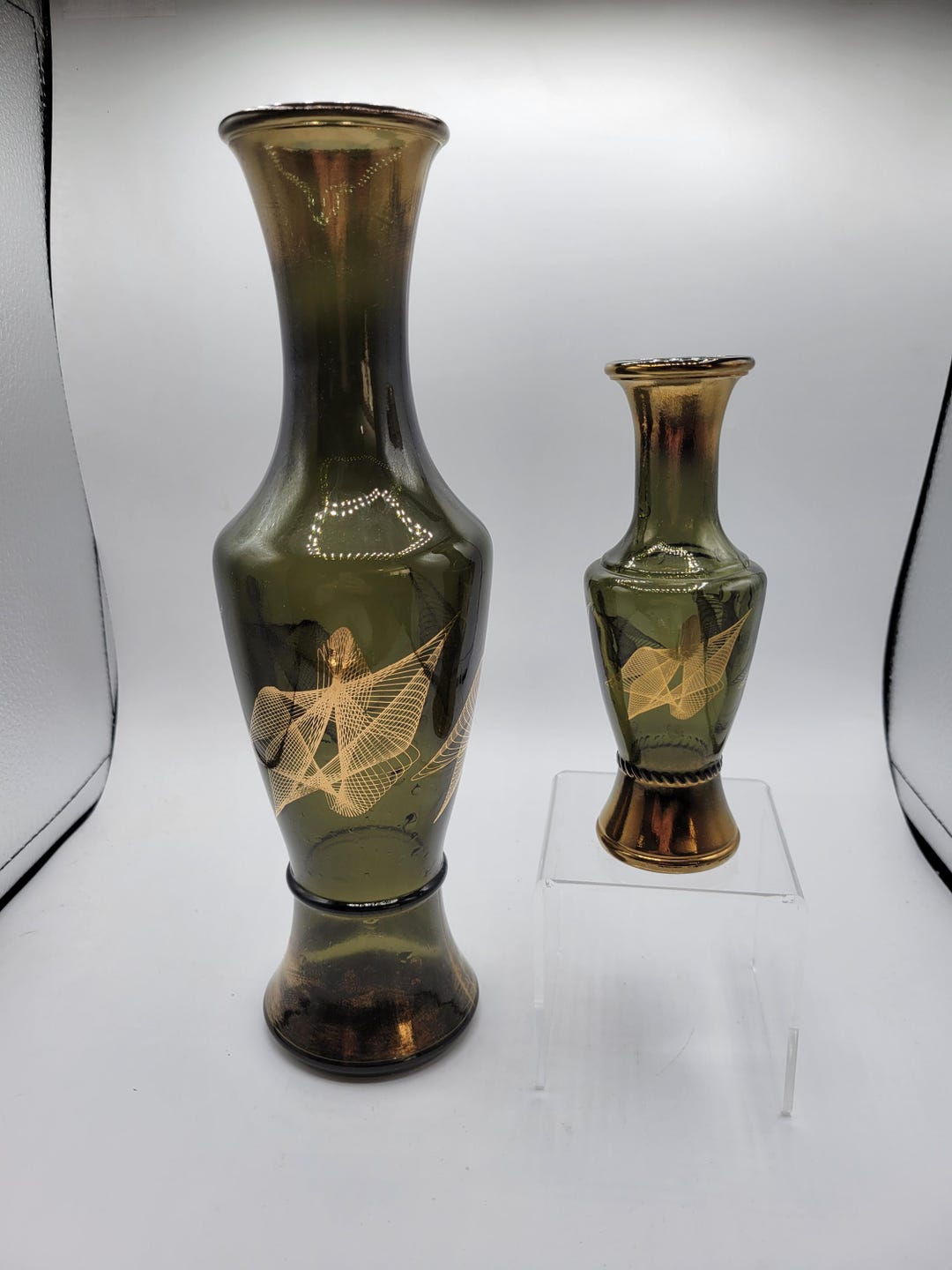 Vintage 1960's Wheaton Ware Smokey Green Vases With Gold Spirograph ...