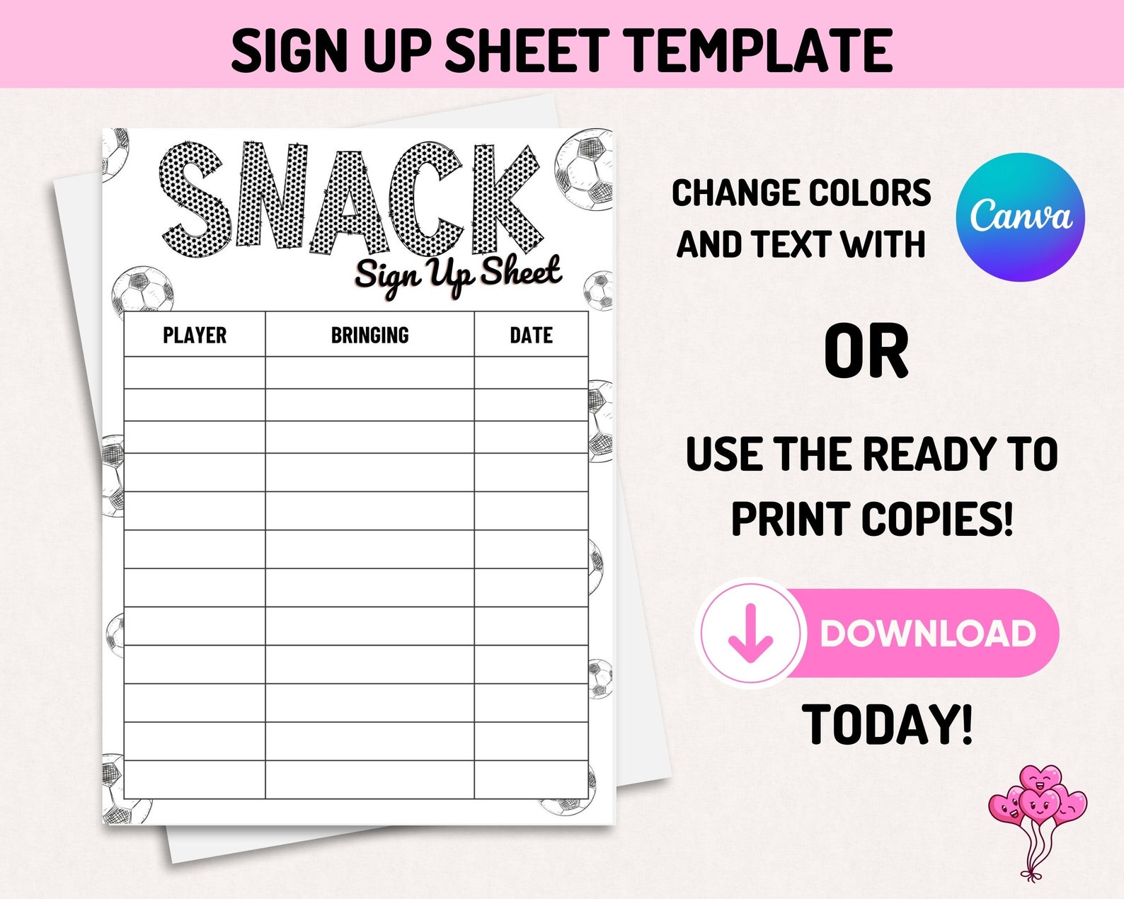 Editable Snack Sign up Sheet Soccer, Kids Sports Snack Sign up Sheet ...
