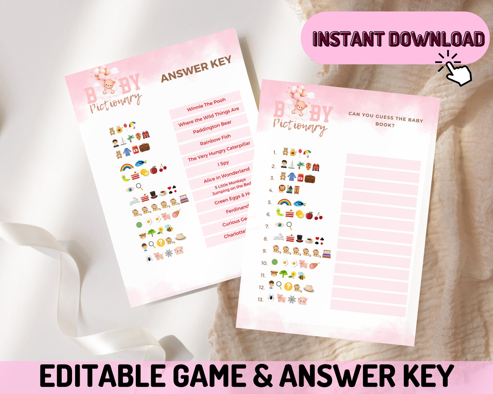 Baby Pictionary - Baby Shower Game + Answer Key Templates - Editable ...