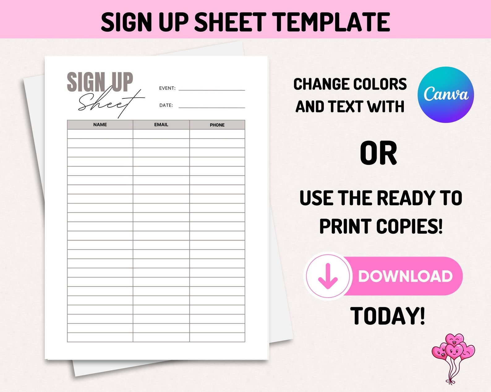 Editable Sign up Sheet Template, Printable Sign in Sheet Bundle ...