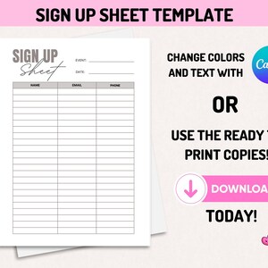 Editable Sign up Sheet Template, Printable Sign in Sheet Bundle ...