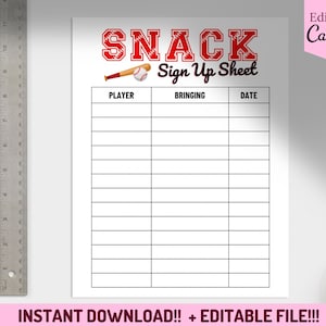 Editable Snack Sign up Sheet, Kids Baseball Snacksign up Sheet, Soft ...