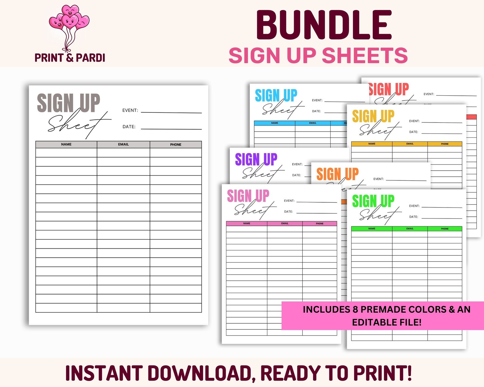 Editable Sign up Sheet Template, Printable Sign in Sheet Bundle ...