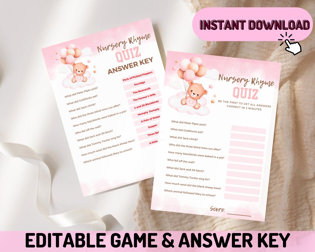 Nursery Rhyme Quiz - Baby Shower Game + Answer Key Templates - Editable ...