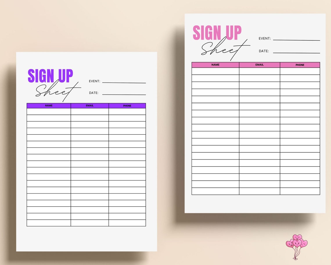 Editable Sign up Sheet Template, Printable Sign in Sheet Bundle ...