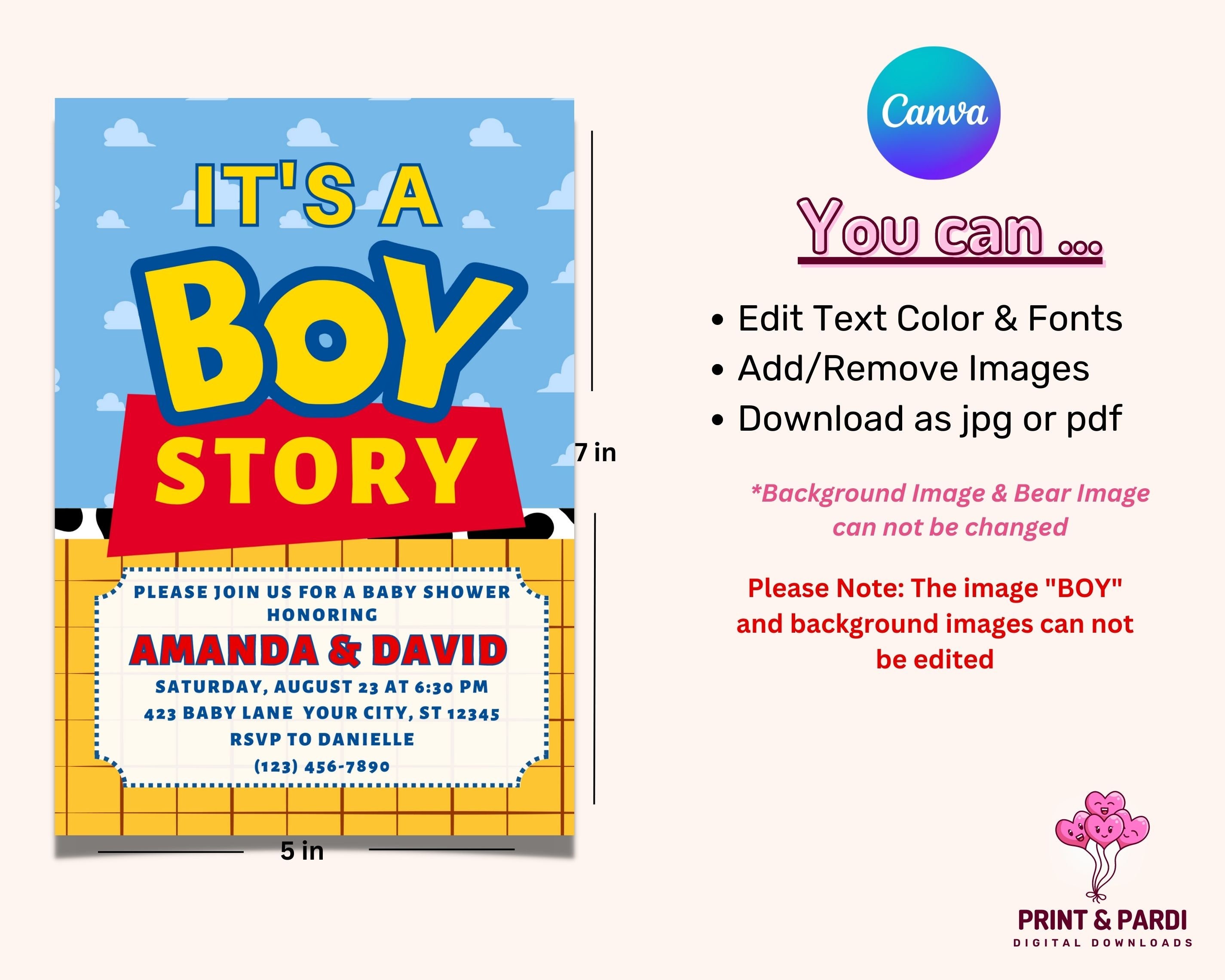 It's a Boy Story Baby Shower Printable Invitation, Boy Story Baby Shower Editable Invitation ...