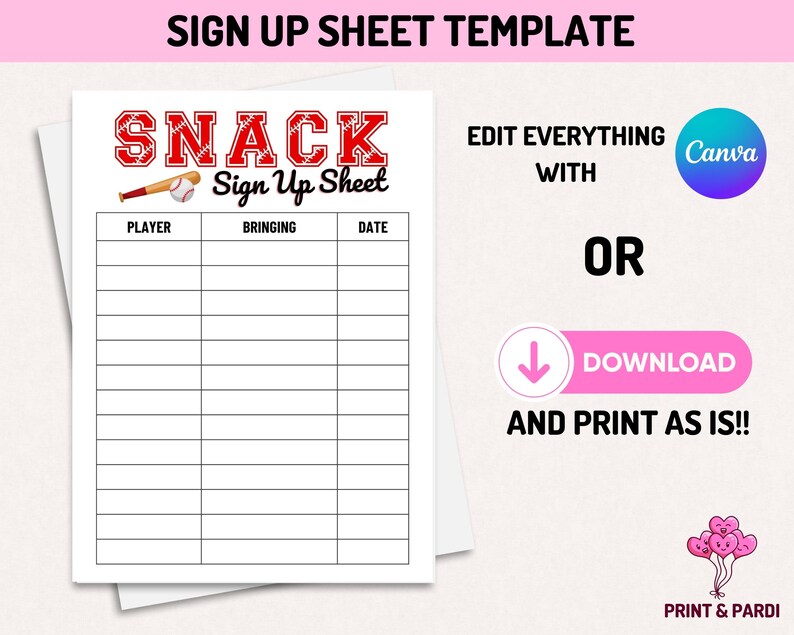Editable Snack Sign up Sheet, Kids Baseball Snacksign up Sheet, Soft ...