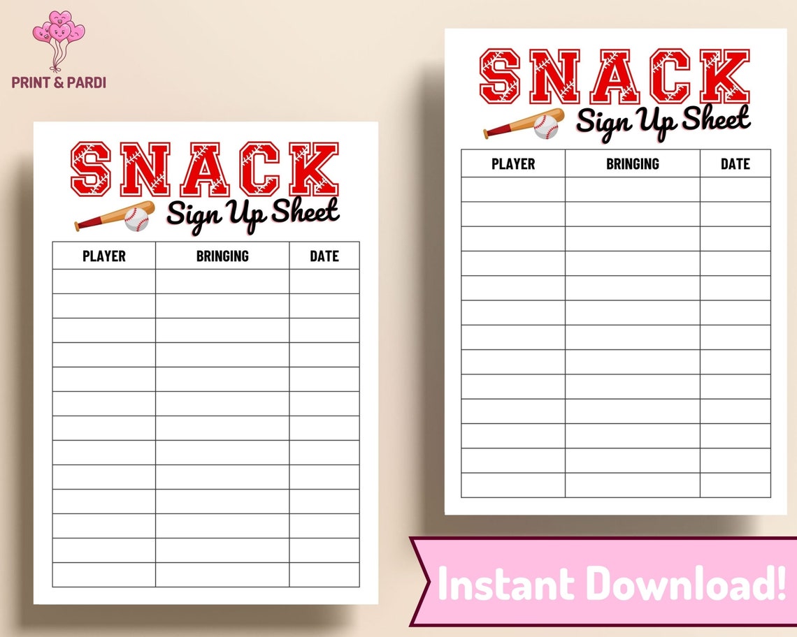 Editable Snack Sign up Sheet, Kids Baseball Snacksign up Sheet, Soft ...