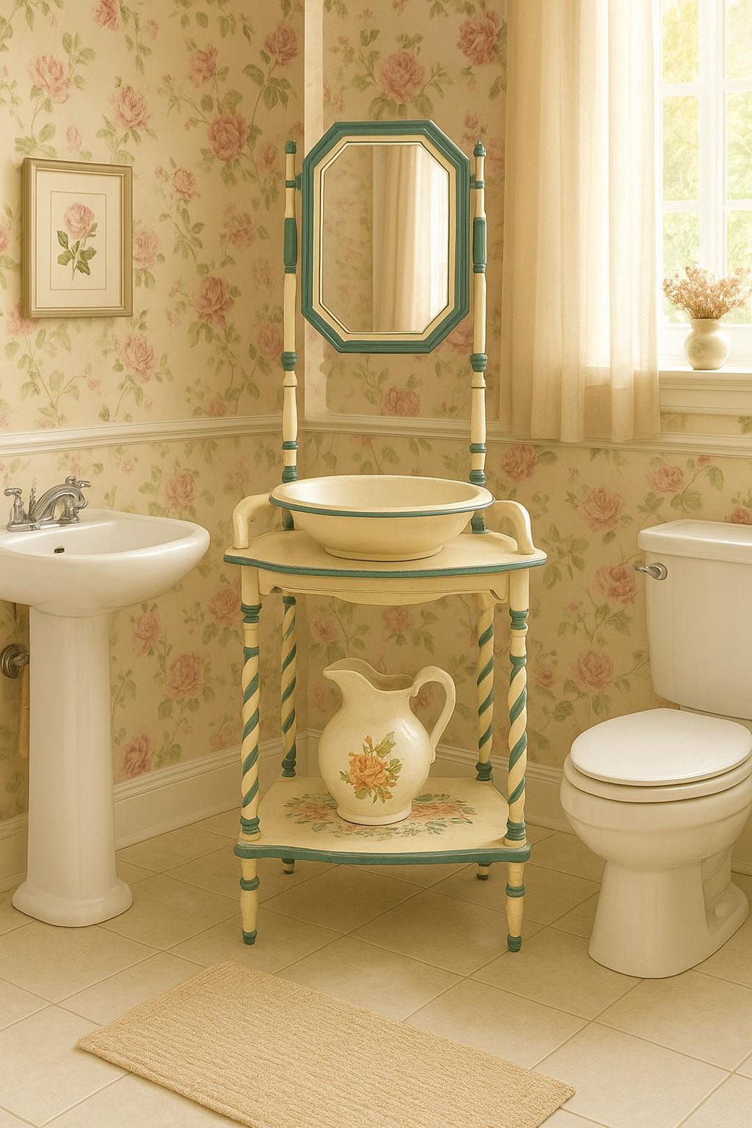 Vintage Hand-painted Wash Stand With Mirror, Candle Holders, Basin and ...