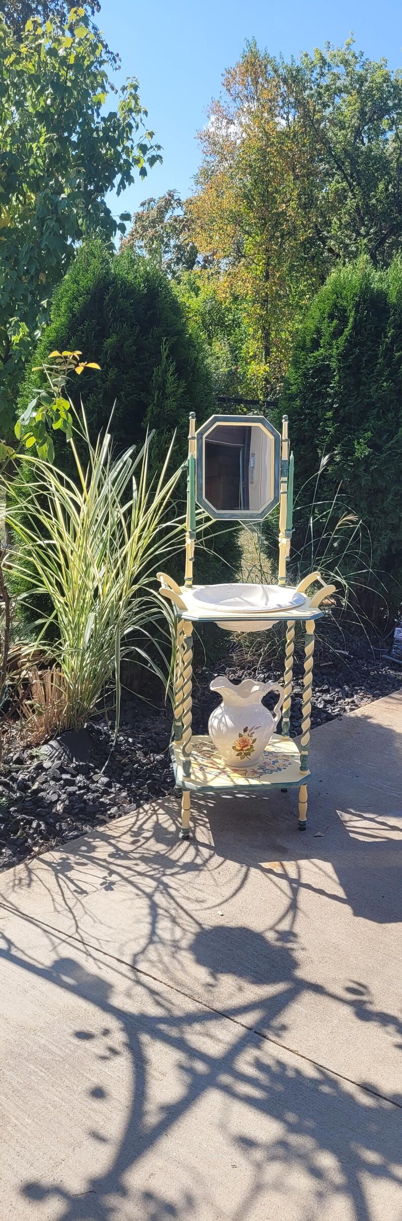 Vintage Hand-painted Wash Stand With Mirror, Candle Holders, Basin and ...