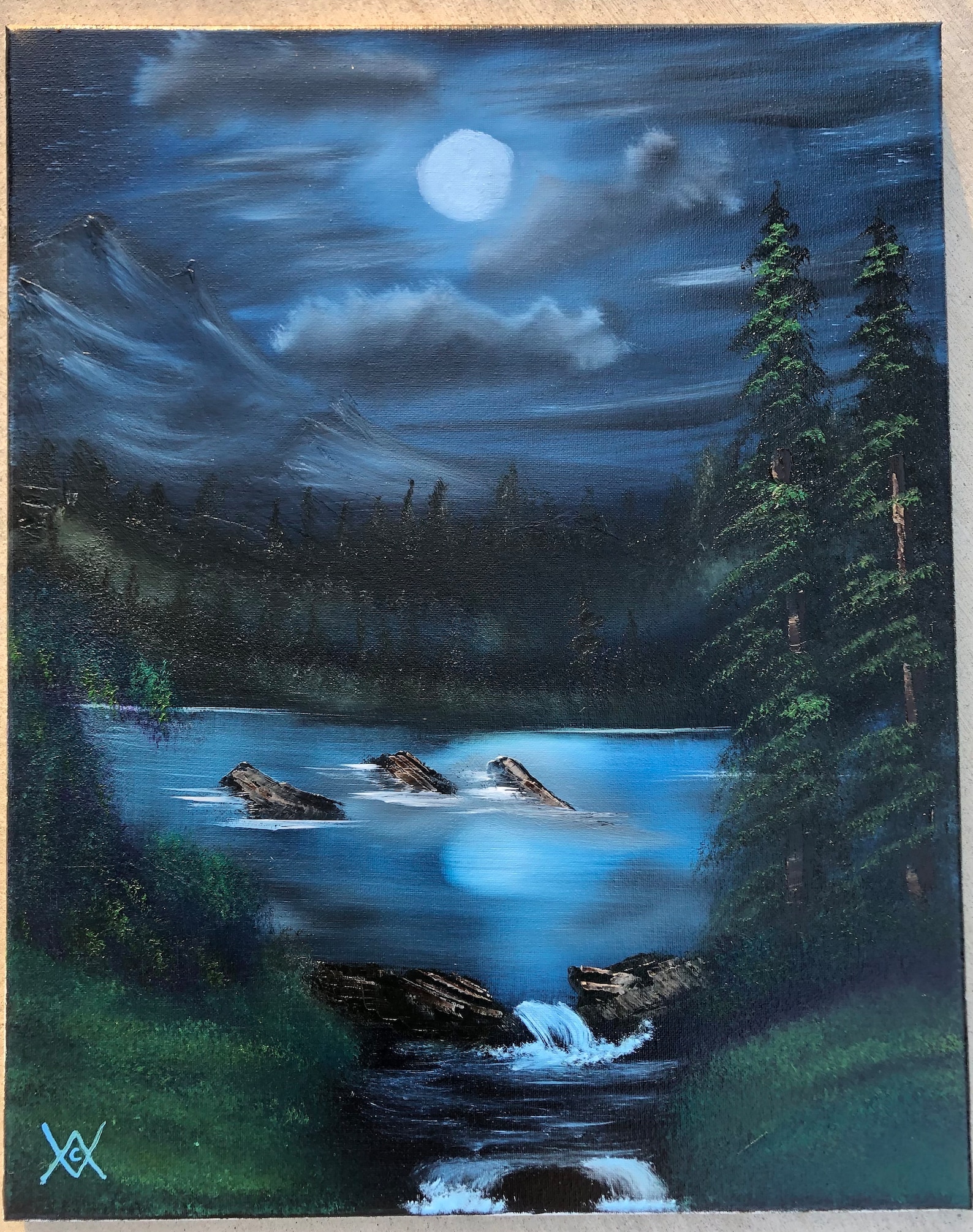 Bob Ross Style Original Oil Painting 16x20 Moon Stone Pond - Etsy