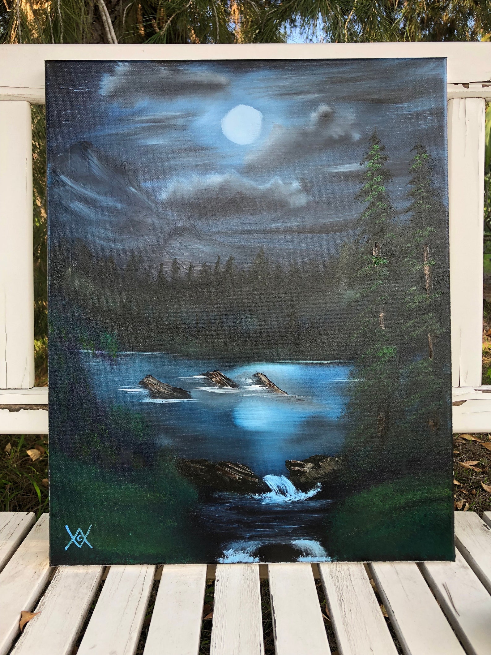 Bob Ross Style Original Oil Painting 16x20 Moon Stone Pond - Etsy