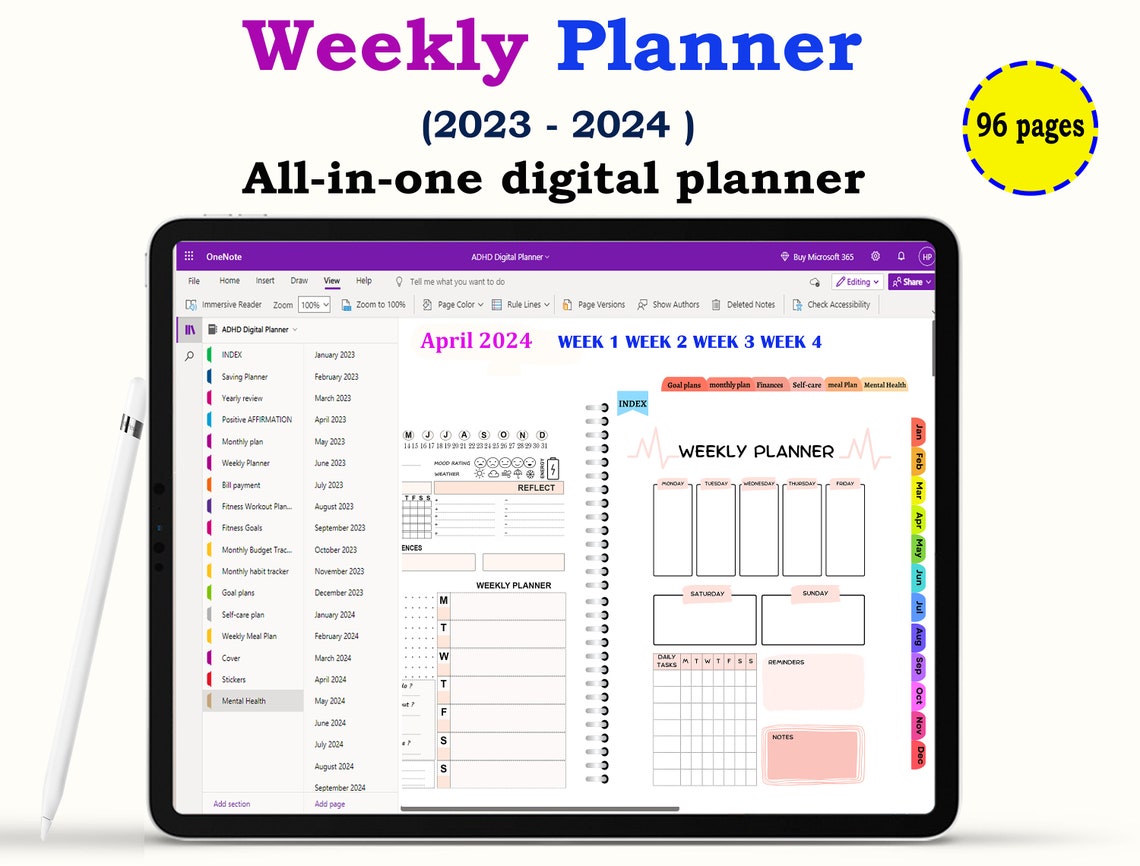 One Note Template Digital Planner 2023- 2024 Onenote Stickers -ipad ...