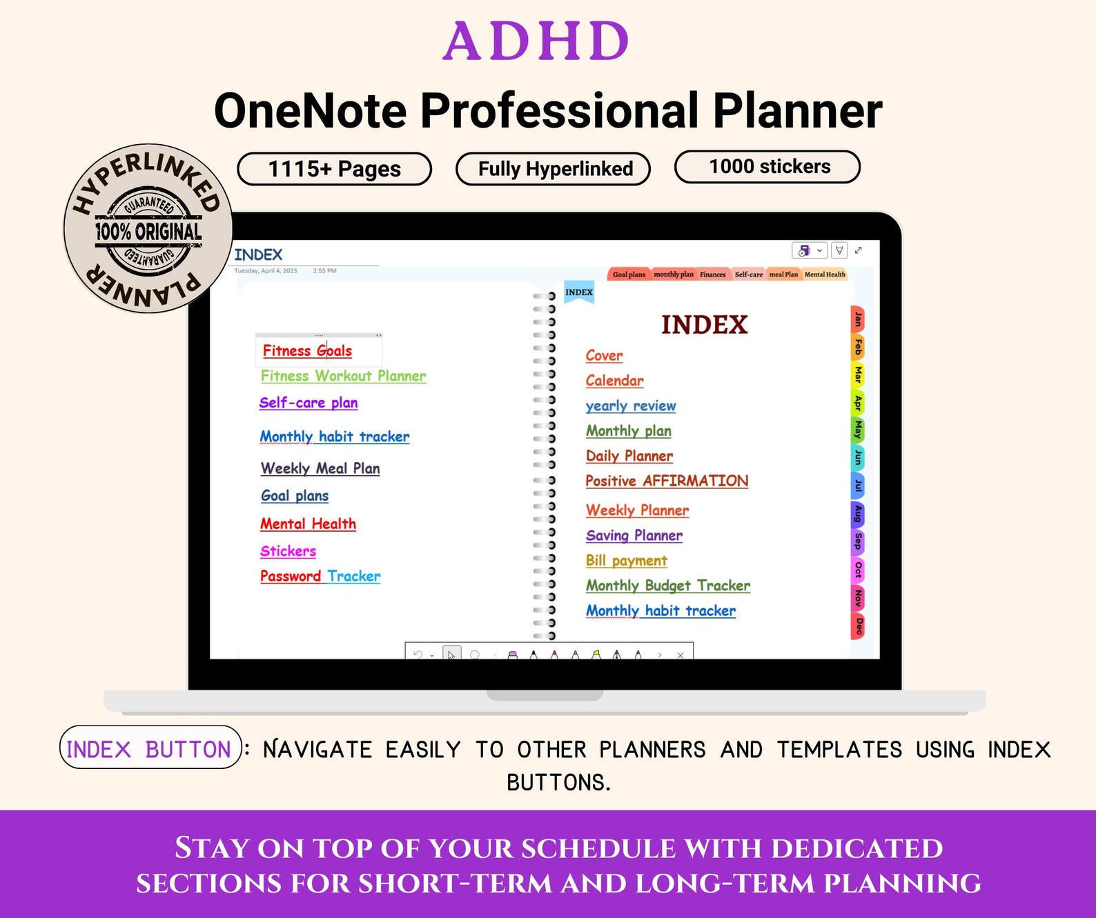 Onenote ADHD Digital Planner 2026- 2027,hyperlinked Onenote Planner ...