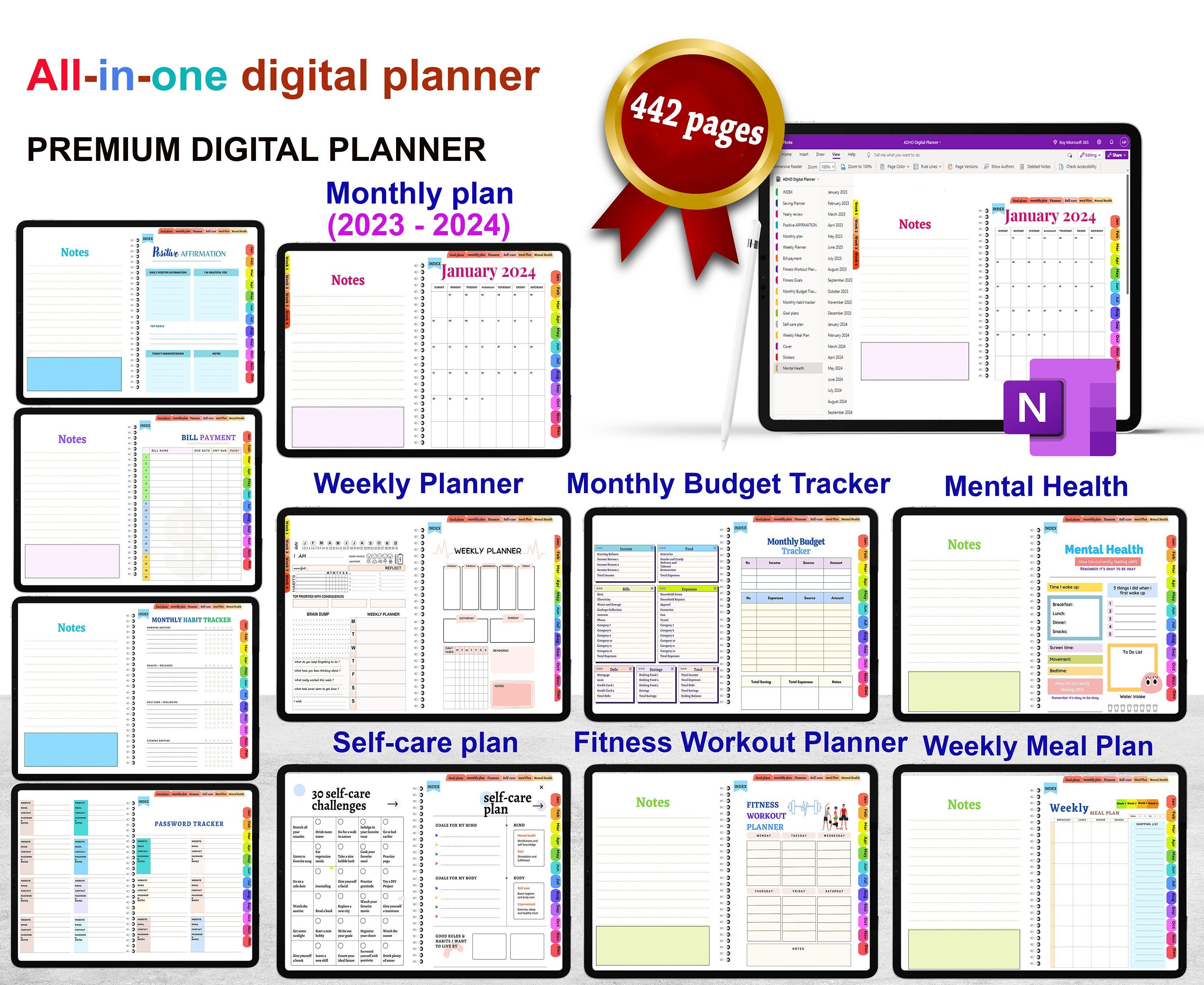One Note Template Digital Planner 2023- 2024 Onenote Stickers -ipad ...