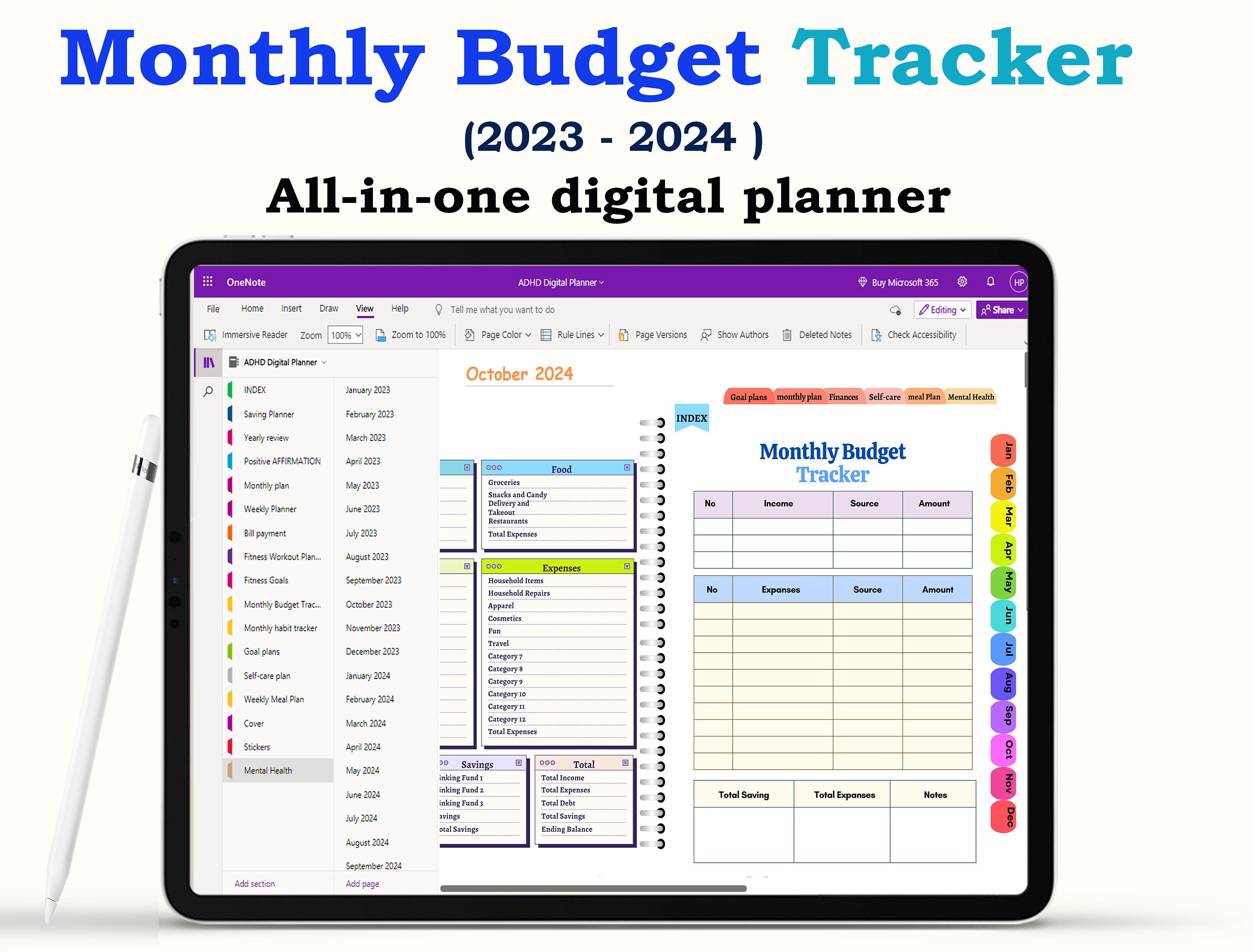 One Note Template Digital Planner 2023- 2024 Onenote Stickers -ipad ...
