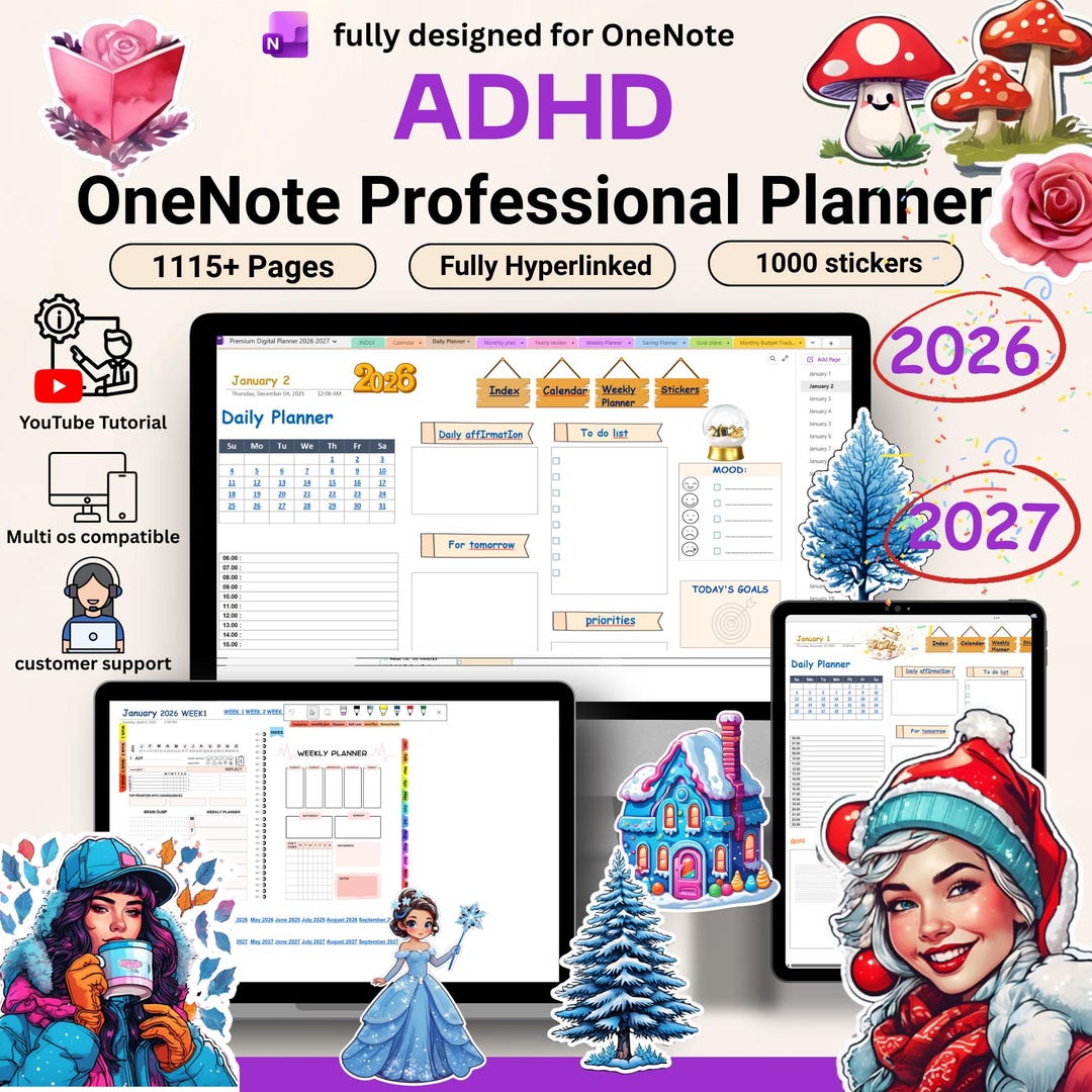 Onenote ADHD Digital Planner 2026-2027 – Hyperlinked Template - Etsy