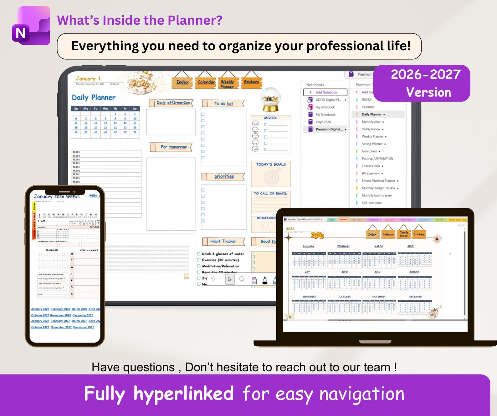 Onenote ADHD Digital Planner 2026- 2027,hyperlinked Onenote Planner ...