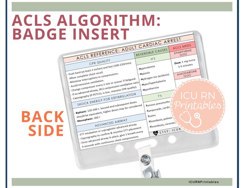 ACLS Adult Cardiac Arrest Algorithm Reference Sheet & Badge Insert ...