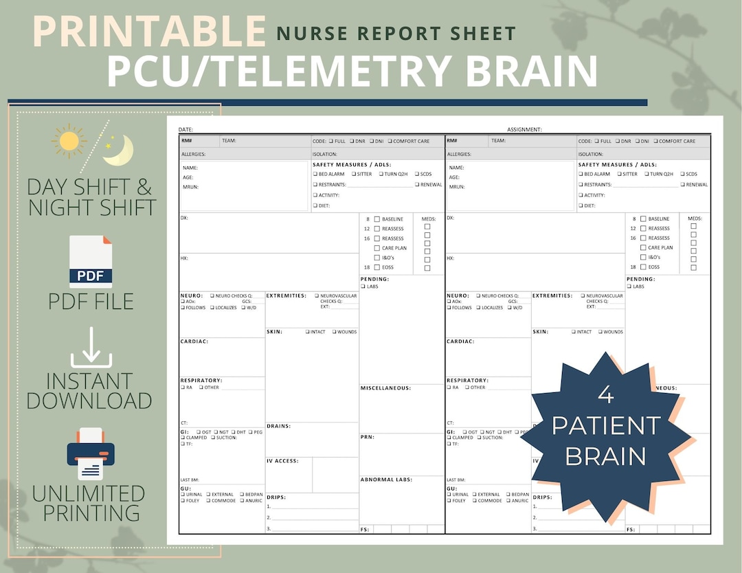 Pcu/step-down/telemetry Nurse Brain Report Sheet Printable PDF Download ...