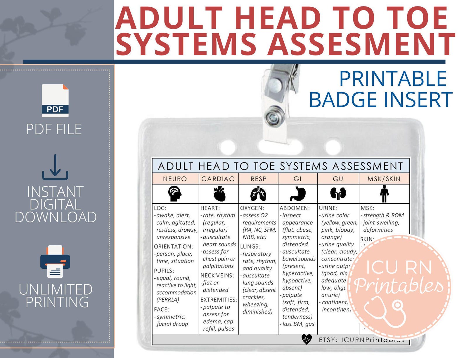 Adult Head to Toe Systems Assessment Badge Insert | Printable PDF ...