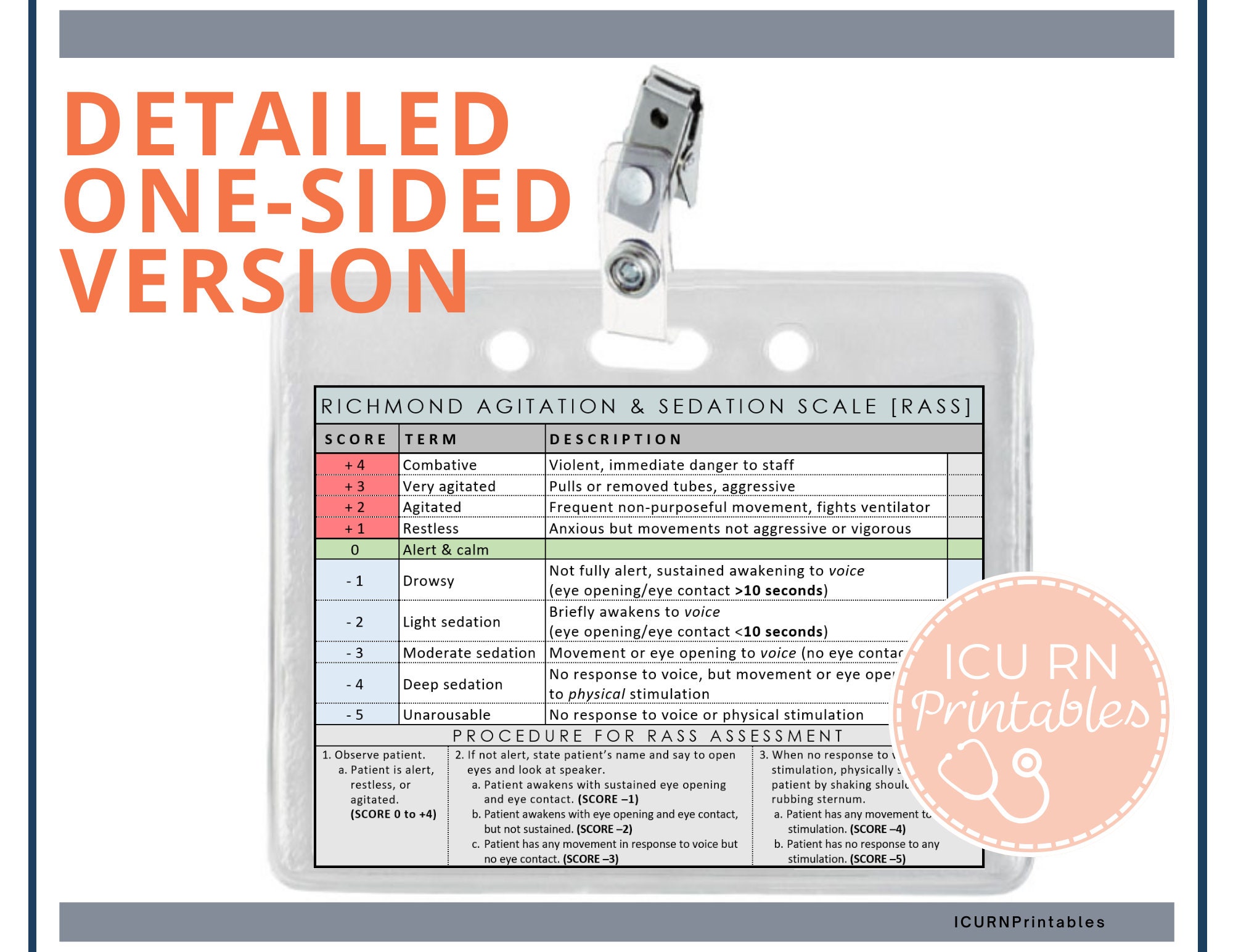 Richmond Agitation & Sedation Scale [RASS] Badge Insert | Printable PDF ...