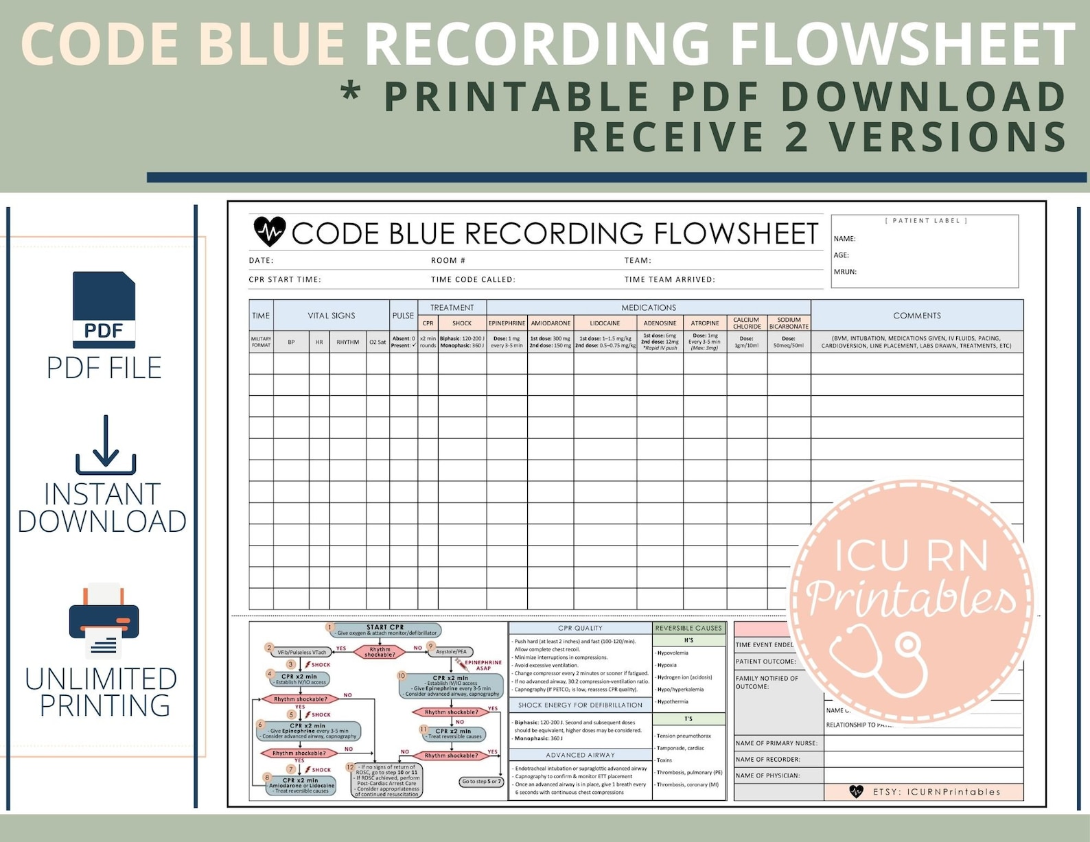Code Blue Recording Flowsheet Printable PDF Download - Etsy