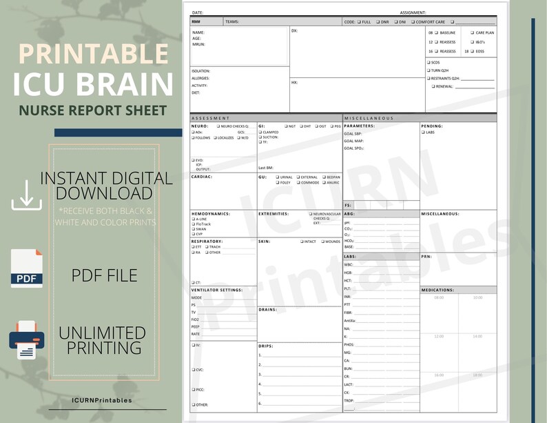 ICU Nurse Brain Report Sheet Printable PDF - Etsy UK