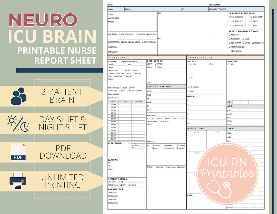 Neuro ICU Nurse Brain Report Sheet | Printable PDF Download - Etsy