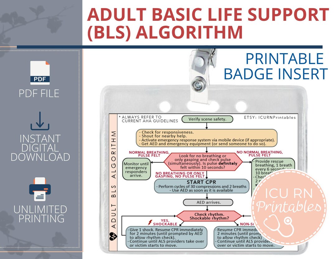 Adult Basic Life Support (BLS) Algorithm Badge Insert | Printable PDF ...