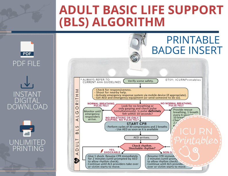 Adult Basic Life Support (BLS) Algorithm Badge Insert | Printable PDF ...