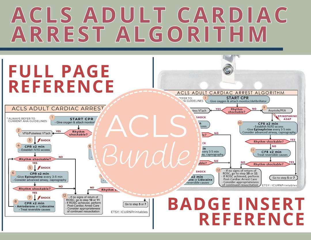 ACLS Adult Cardiac Arrest Algorithm Reference Sheet & Badge Insert ...