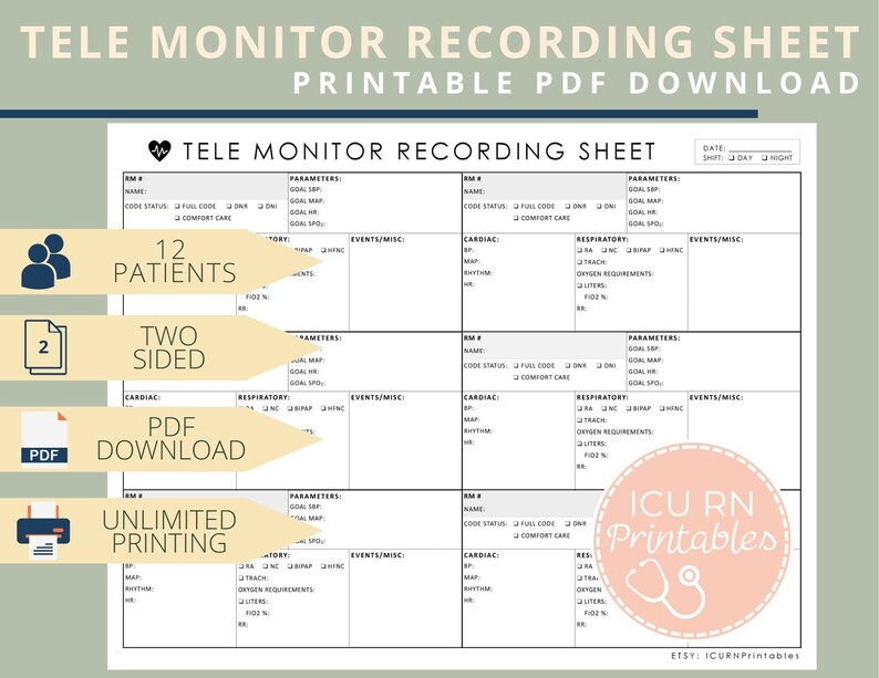 Tele Monitor Recording Sheet Printable PDF Download - Etsy Israel