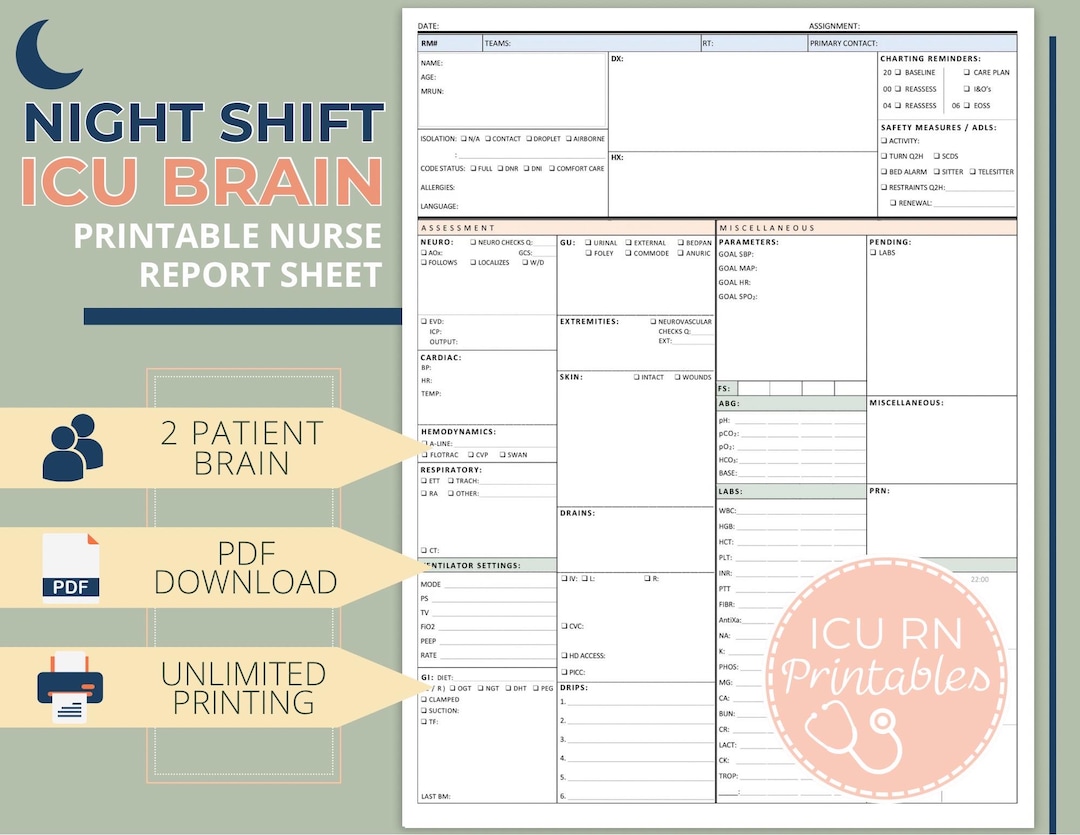NIGHT SHIFT ICU Nurse Brain Report Sheet | Printable Pdf Download - Etsy