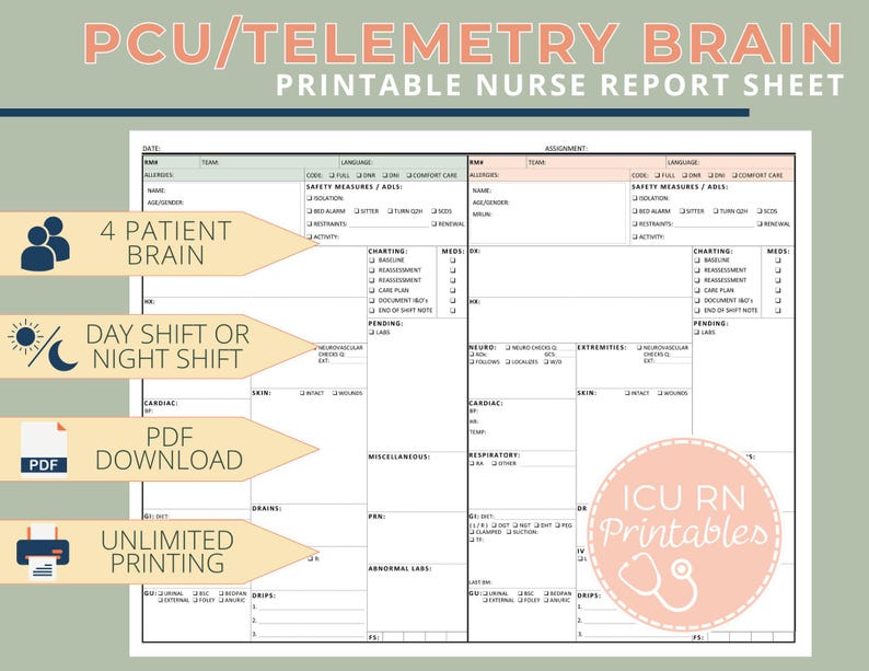 Pcu/step-down/telemetry Nurse Brain Report Sheet | Printable PDF ...