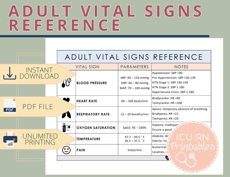 Adult Vital Signs Reference Sheet | Printable PDF Download - Etsy