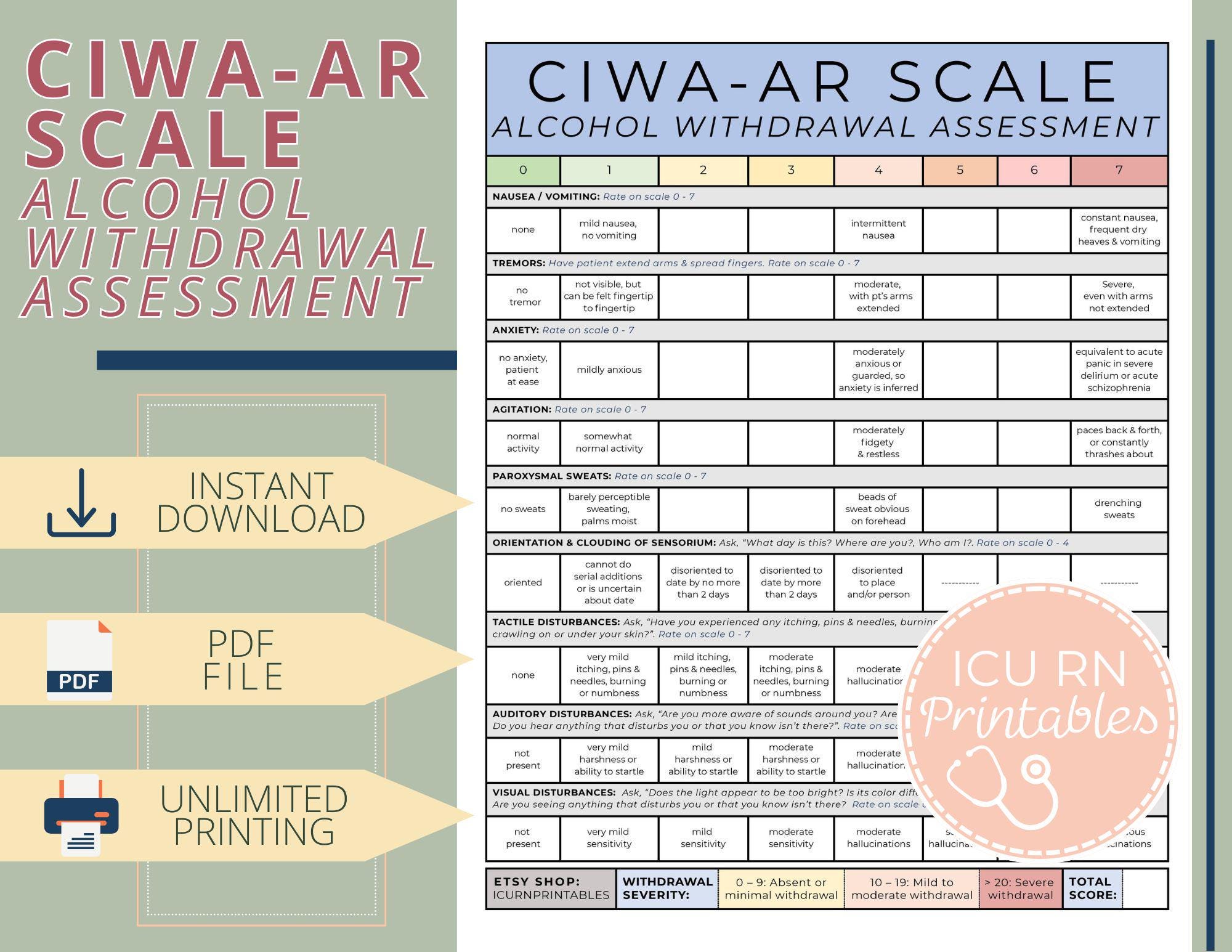 CIWA-AR: Alcohol Withdrawal Assessment Form | Printable PDF Download - Etsy