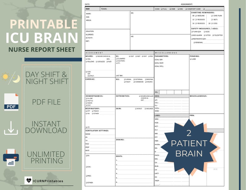 ICU Nurse Brain Report Sheet Printable PDF - Etsy