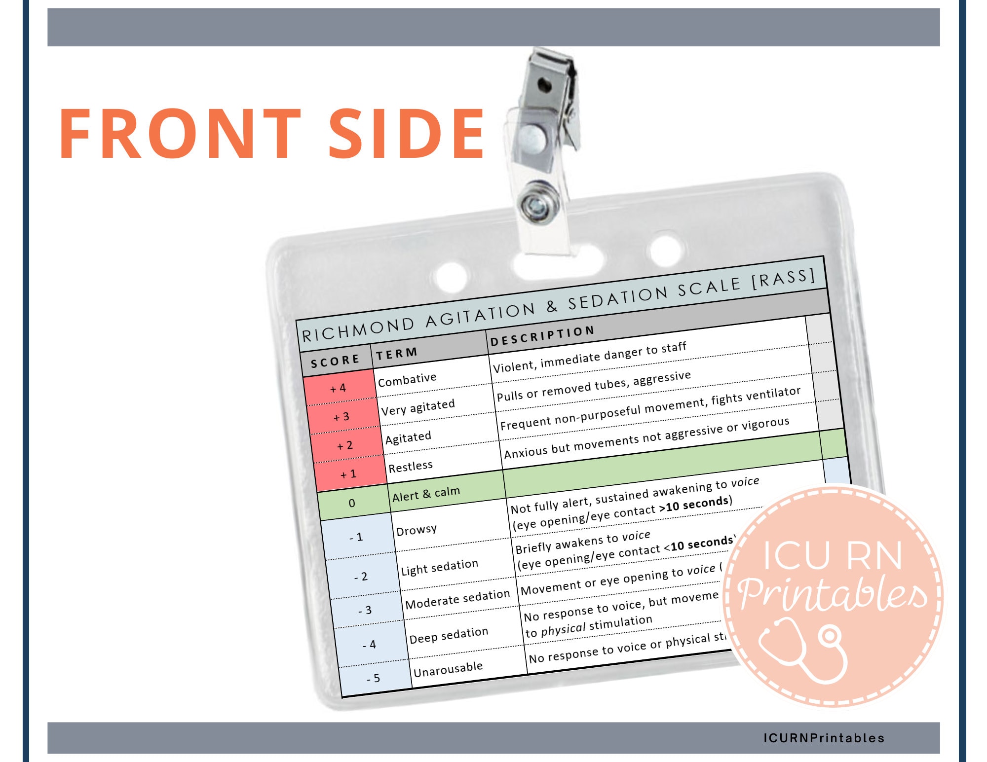 Richmond Agitation & Sedation Scale [RASS] Badge Insert | Printable PDF ...