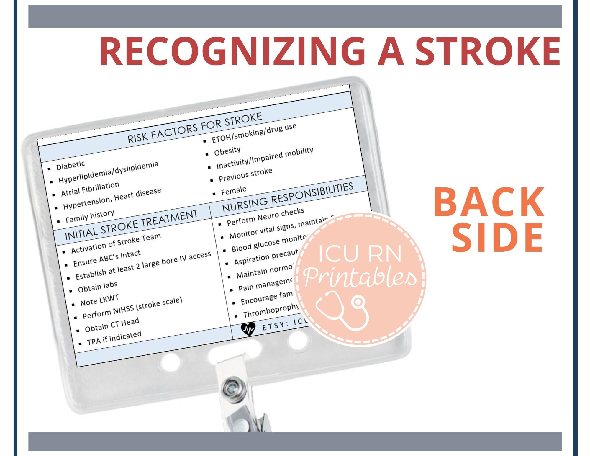 Stroke Badge Insert Bundle: Recognizing a Stroke & NIH Stroke Scale ...